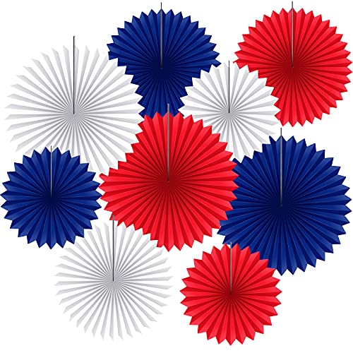 9 Pieces Halloween Christmas Party Hanging Paper Fans Round Decorative Paper Garlands Photo Booth Backdrops Decorations for Celebration Wedding Birthday Carnival Party Decor (Blue, Red, White)