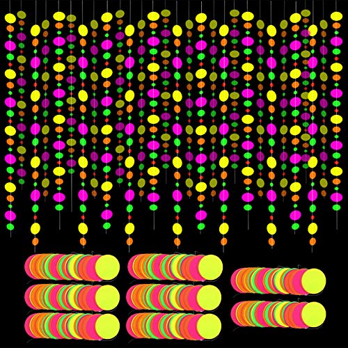 WILLBOND 115.484 Feet Neon Paper Garland Circle Dots Hanging Decorations Big and Small Circle Dots Banner for Neon Birthday Party Wedding Decoration Black Light Reactive Glow Party (8 Pieces)