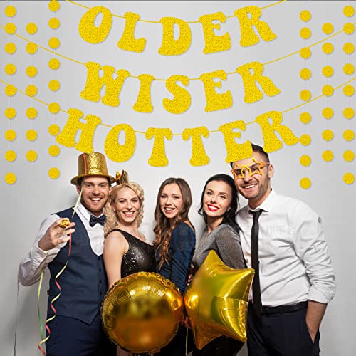 Older Wiser Hotter Banner Gold Glitter Funny Birthday Party Decorations 21th 30th 40th 50h 60th 70th 80th Birthday Party Disco HBD Party Photobooth Backdrop