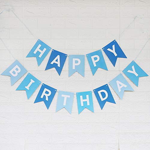 Tri-Color Blue Happy Birthday Banner With White Letters, Swallowtail Design Hanging Signs Party Decorations