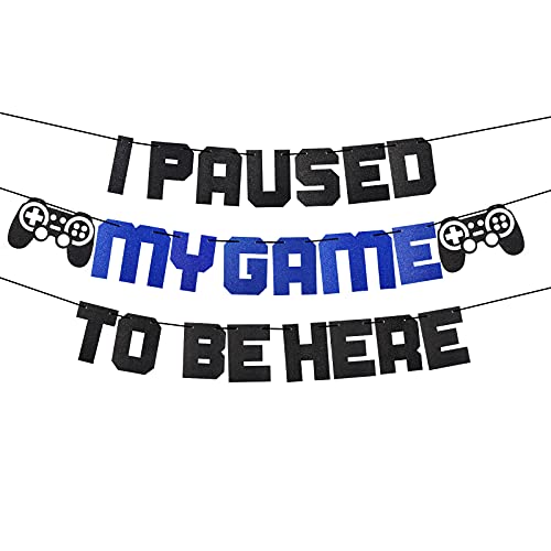 Video Game Party Supplies I Paused My Game To Be Here Banner, Blue Gaming Birthday Party Decorations for Boys, Glitter Game Theme Backdrop Sign Decor