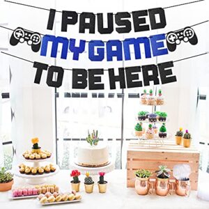 Video Game Party Supplies I Paused My Game To Be Here Banner, Blue Gaming Birthday Party Decorations for Boys, Glitter Game Theme Backdrop Sign Decor