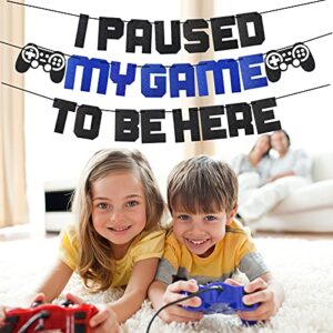 Video Game Party Supplies I Paused My Game To Be Here Banner, Blue Gaming Birthday Party Decorations for Boys, Glitter Game Theme Backdrop Sign Decor