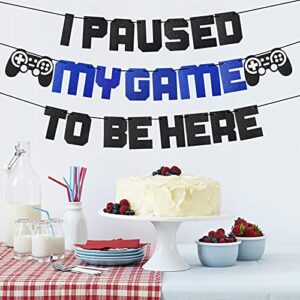 Video Game Party Supplies I Paused My Game To Be Here Banner, Blue Gaming Birthday Party Decorations for Boys, Glitter Game Theme Backdrop Sign Decor