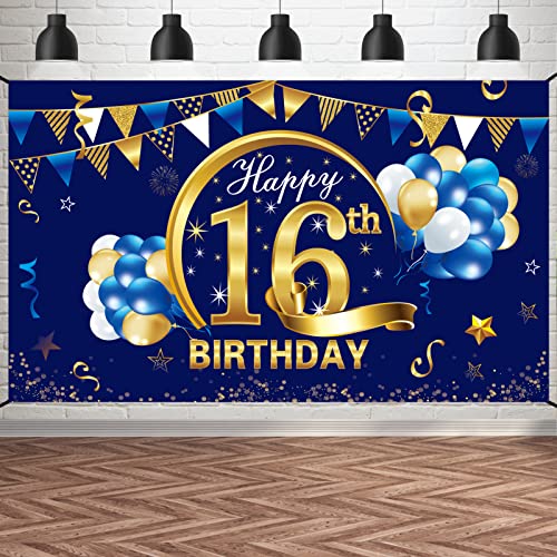 Happy 16th Birthday Banner Decorations for Boy - Blue Gold 16 Birthday Backdrop Party Supplies Decor - Sixteen Birthday Poster Photo Props Brackground Sign