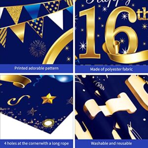 Happy 16th Birthday Banner Decorations for Boy - Blue Gold 16 Birthday Backdrop Party Supplies Decor - Sixteen Birthday Poster Photo Props Brackground Sign