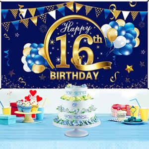 Happy 16th Birthday Banner Decorations for Boy - Blue Gold 16 Birthday Backdrop Party Supplies Decor - Sixteen Birthday Poster Photo Props Brackground Sign