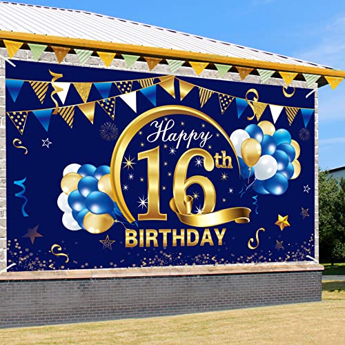 Happy 16th Birthday Banner Decorations for Boy - Blue Gold 16 Birthday Backdrop Party Supplies Decor - Sixteen Birthday Poster Photo Props Brackground Sign