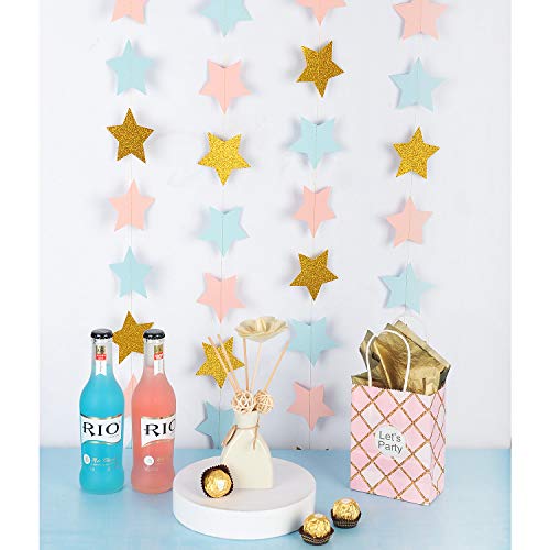 WEVEN Pink Blue Gold Star Garland Glitter Paper Streamers Twinkle Star Banner for Baby Shower Nursery Boy or Girl Gender Reveal Party Decorations, 3" in Diameter, 20 Feet in Total