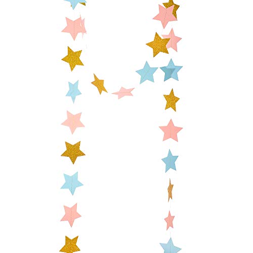 WEVEN Pink Blue Gold Star Garland Glitter Paper Streamers Twinkle Star Banner for Baby Shower Nursery Boy or Girl Gender Reveal Party Decorations, 3" in Diameter, 20 Feet in Total