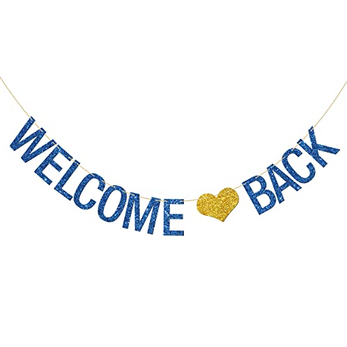 Welcome Back Banner, Welcome Home Sign Banner, Homecoming Day, Back to School, Retirement Party Decoration Bunting Supplies, Glittery Blue