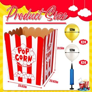 Giant Popcorn Box with Balloons and Balloons Pump Large Cardboard Popcorn Display Stand Popcorn Prop Decorations for Movie Night, Carnivals, Theme Party, Circus, Theater (50 Pcs)