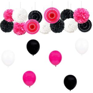 InBy 45pcs Hot Pink Black Birthday Party Decorations Kit Baby Girl Shower Women Rose Red Happy Birthday Banner 10" Tissue Paper Flower Pom Pom Paper Fan Tassel Garland 12" Latex Balloon Party Supplies