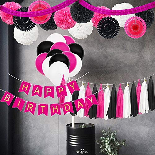 InBy 45pcs Hot Pink Black Birthday Party Decorations Kit Baby Girl Shower Women Rose Red Happy Birthday Banner 10" Tissue Paper Flower Pom Pom Paper Fan Tassel Garland 12" Latex Balloon Party Supplies