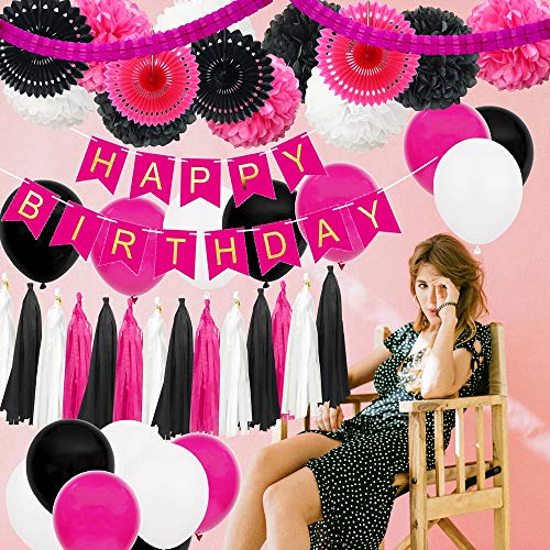 InBy 45pcs Hot Pink Black Birthday Party Decorations Kit Baby Girl Shower Women Rose Red Happy Birthday Banner 10" Tissue Paper Flower Pom Pom Paper Fan Tassel Garland 12" Latex Balloon Party Supplies