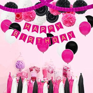 InBy 45pcs Hot Pink Black Birthday Party Decorations Kit Baby Girl Shower Women Rose Red Happy Birthday Banner 10" Tissue Paper Flower Pom Pom Paper Fan Tassel Garland 12" Latex Balloon Party Supplies