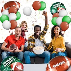 97 Pieces Football Balloons Set 6 Pieces Football Field Foil Balloons 90 Pieces Latex Balloons and Long Balloon Strip for Sport Themed Football Themed Birthday Party Decorations (White, Green, Brown)