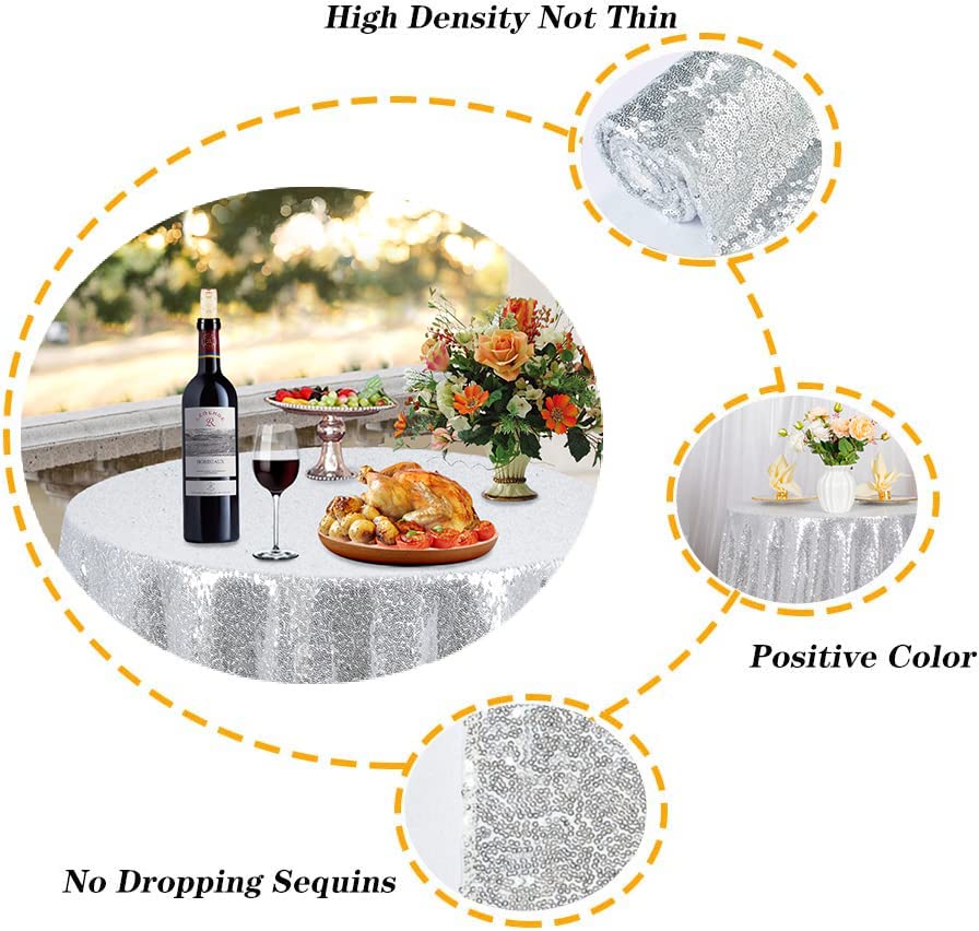 AIXHN Sequin Tablecloth Silver 48" Round Sparkly Elegant Drape Sequin Tablecloth for Wedding Party Cake Dessert Events Christmas Decorations