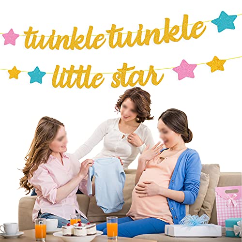 Twinkle Twinkle Llittle Star How We Wonder What You Are Banner Gender Reveal Decorations Boy or Girl He or She Pink Blue Gold Star Baby Shower Party Supplies Glitter Décor Pre-Strung