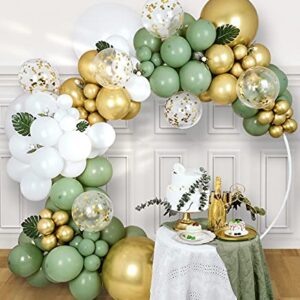 SUWEN 157PCS DIY Olive Green Balloon Arch Garland Kit Lime Green Gold Metallic White Latex Balloon Decorations for Birthday Baby Shower Party Decor