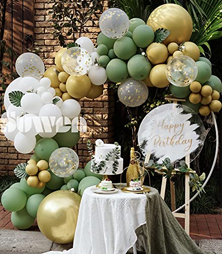 SUWEN 157PCS DIY Olive Green Balloon Arch Garland Kit Lime Green Gold Metallic White Latex Balloon Decorations for Birthday Baby Shower Party Decor