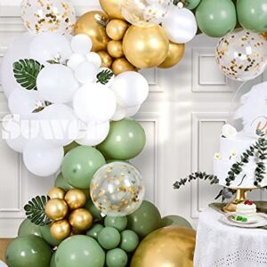 SUWEN 157PCS DIY Olive Green Balloon Arch Garland Kit Lime Green Gold Metallic White Latex Balloon Decorations for Birthday Baby Shower Party Decor