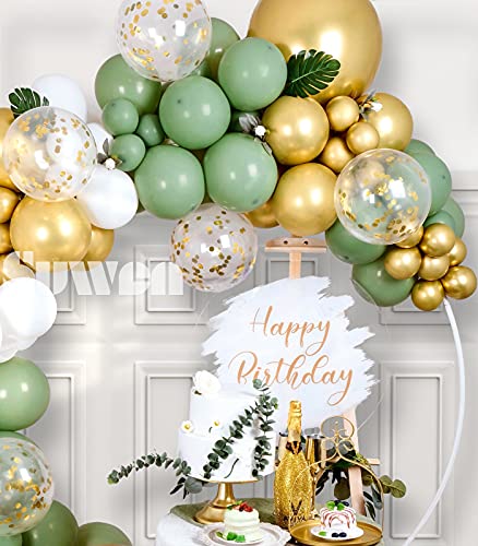 SUWEN 157PCS DIY Olive Green Balloon Arch Garland Kit Lime Green Gold Metallic White Latex Balloon Decorations for Birthday Baby Shower Party Decor