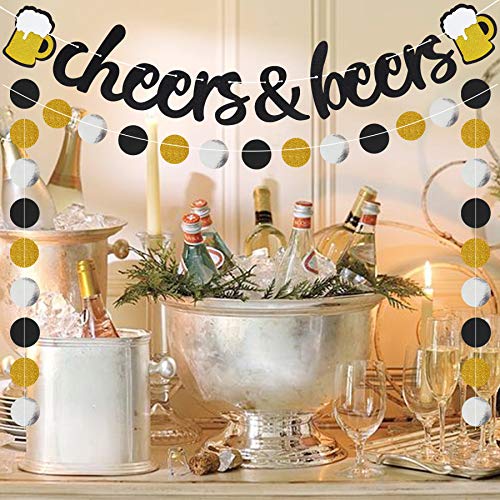 Cheers & Beers Banner Black Glittery Circle Dots Garland(57 pcs circle dots),Birthday Wedding Anniversarty Graduation Bachelorette Bridal Shower Engagement Retirement Baby Shower Hawaii Party Supplies