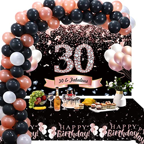 Trgowaul 30th Birthday Decorations for Women - Black and Rose Gold Happy 30th Birthday Backdrop Banner, 2 Pcs Happy Birthday Tablecloth, 60 Pcs Latex Confetti Balloons, 30 Years Old Birthday Party Supplies 30 Birthday Gifts for her