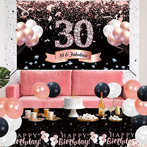 Trgowaul 30th Birthday Decorations for Women - Black and Rose Gold Happy 30th Birthday Backdrop Banner, 2 Pcs Happy Birthday Tablecloth, 60 Pcs Latex Confetti Balloons, 30 Years Old Birthday Party Supplies 30 Birthday Gifts for her