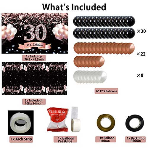 Trgowaul 30th Birthday Decorations for Women - Black and Rose Gold Happy 30th Birthday Backdrop Banner, 2 Pcs Happy Birthday Tablecloth, 60 Pcs Latex Confetti Balloons, 30 Years Old Birthday Party Supplies 30 Birthday Gifts for her