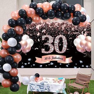 Trgowaul 30th Birthday Decorations for Women - Black and Rose Gold Happy 30th Birthday Backdrop Banner, 2 Pcs Happy Birthday Tablecloth, 60 Pcs Latex Confetti Balloons, 30 Years Old Birthday Party Supplies 30 Birthday Gifts for her