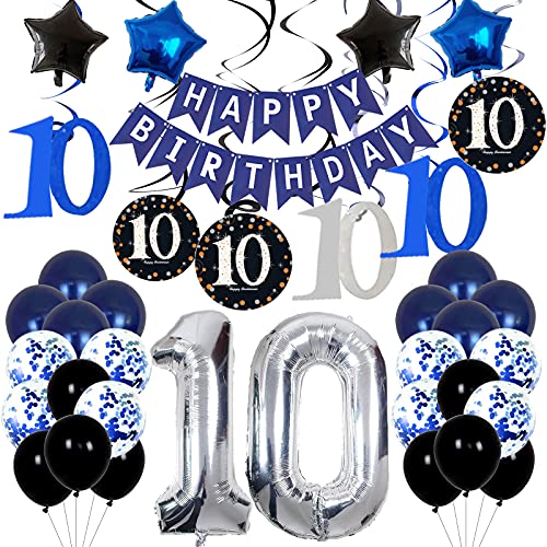 10th Birthday Decorations for Boys Girls - Navy Blue Birthday Decorations For Teenager Kids Party Supplies Including HAPPY BIRTHDAY Banner Balloons for Birthday Party Decor - 10 Years Old Birthday Party Supplies Kit