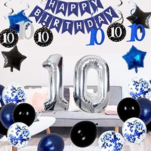 10th Birthday Decorations for Boys Girls - Navy Blue Birthday Decorations For Teenager Kids Party Supplies Including HAPPY BIRTHDAY Banner Balloons for Birthday Party Decor - 10 Years Old Birthday Party Supplies Kit