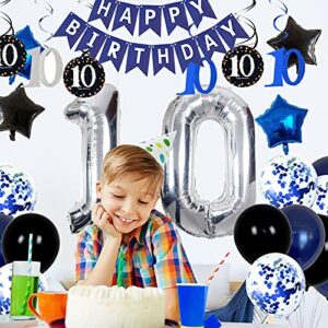 10th Birthday Decorations for Boys Girls - Navy Blue Birthday Decorations For Teenager Kids Party Supplies Including HAPPY BIRTHDAY Banner Balloons for Birthday Party Decor - 10 Years Old Birthday Party Supplies Kit