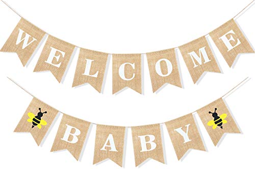 Uniwish Welcome Baby Banner Bee Theme Baby Shower Decorations Rustic Burlap Bunting Boy Girl Gender Reveal Party Supplies