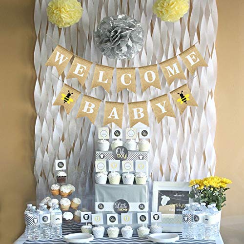 Uniwish Welcome Baby Banner Bee Theme Baby Shower Decorations Rustic Burlap Bunting Boy Girl Gender Reveal Party Supplies