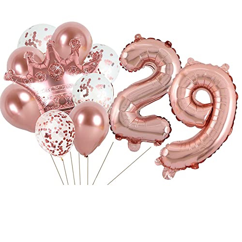 KUNGOON 29th Birthday Balloon,Rose Gold Number 29 Mylar Balloon,Funny 29th Birthday/Wedding Anniversary Crown Aluminum Foil Balloon Decoration for Women/Men.