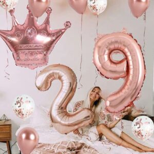 KUNGOON 29th Birthday Balloon,Rose Gold Number 29 Mylar Balloon,Funny 29th Birthday/Wedding Anniversary Crown Aluminum Foil Balloon Decoration for Women/Men.