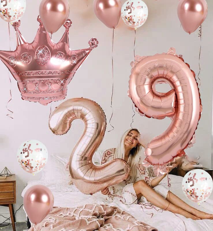 KUNGOON 29th Birthday Balloon,Rose Gold Number 29 Mylar Balloon,Funny 29th Birthday/Wedding Anniversary Crown Aluminum Foil Balloon Decoration for Women/Men.