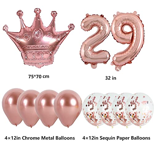 KUNGOON 29th Birthday Balloon,Rose Gold Number 29 Mylar Balloon,Funny 29th Birthday/Wedding Anniversary Crown Aluminum Foil Balloon Decoration for Women/Men.