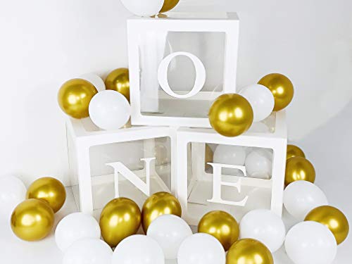 First Birthday Decorations for Boy Girls– ONE Balloon Boxes with 30 PCs metal gold balloon, white balloon for baby Party Decorations