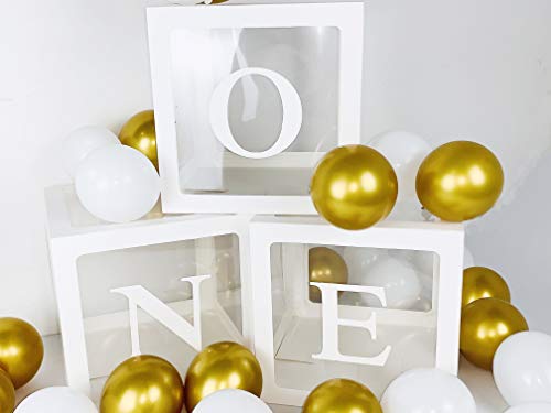 First Birthday Decorations for Boy Girls– ONE Balloon Boxes with 30 PCs metal gold balloon, white balloon for baby Party Decorations