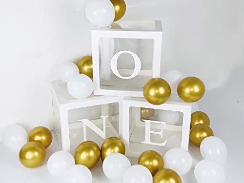 First Birthday Decorations for Boy Girls– ONE Balloon Boxes with 30 PCs metal gold balloon, white balloon for baby Party Decorations