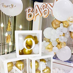 First Birthday Decorations for Boy Girls– ONE Balloon Boxes with 30 PCs metal gold balloon, white balloon for baby Party Decorations