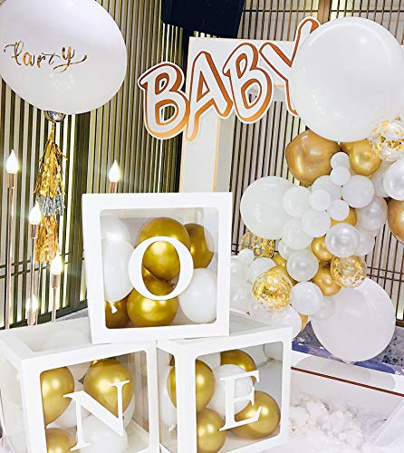 First Birthday Decorations for Boy Girls– ONE Balloon Boxes with 30 PCs metal gold balloon, white balloon for baby Party Decorations