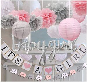 luckylibra girl baby shower decorations, it is a girl banners & baby girl foil balloons & elephant garland & paper lantern paper flower pom poms （pink white grey）