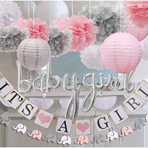 luckylibra Girl Baby Shower Decorations, It is a Girl Banners & Baby Girl Foil Balloons & Elephant Garland & Paper Lantern Paper Flower Pom Poms （Pink White Grey）