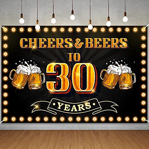 Cheers and Beers to 30 years Banner Backdrop Happy 30th Birthday Background for Men Women Photography Bday Anniversary Party Sign Decorations Supplies Black and Gold