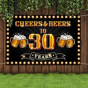 Cheers and Beers to 30 years Banner Backdrop Happy 30th Birthday Background for Men Women Photography Bday Anniversary Party Sign Decorations Supplies Black and Gold